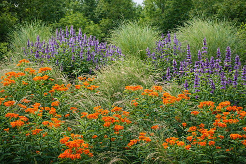 Elegant Native Prairie Garden with Milkweed, Hyssop, Grasses