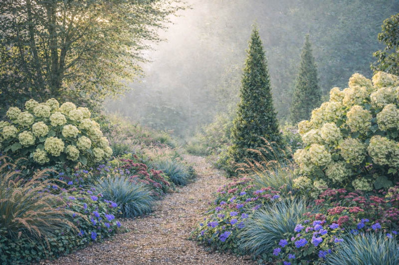 Elegant Garden Design with Hydrangeas, Grasses, and Evergreens