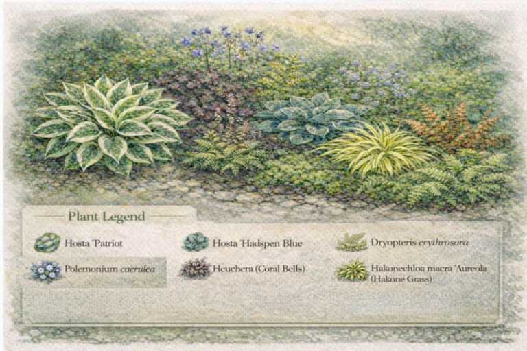 Woodland Shade Border: Hosta, Heuchera, Ferns, & Polemonium