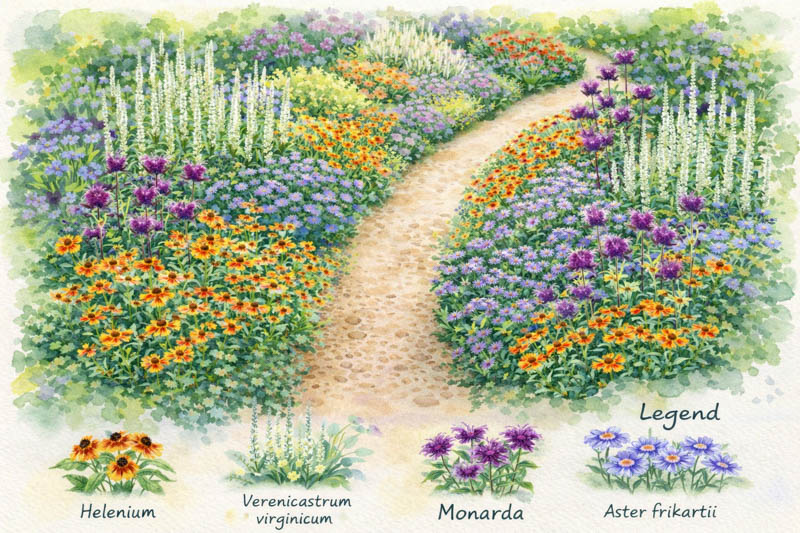 Long Blooming Perennial Border: Monarda, Helenium, and Asters